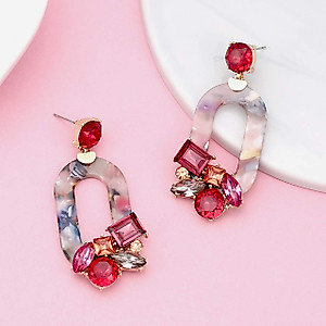 BSJELL Resin Acetate Dangle Earrings Large Statement Acrylic Textured Mottled Earrings Bohemian Crystal Multicolor Oval Drop Earrings Fashion Jewelry for women