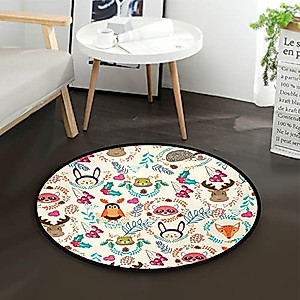 Cute Cartoon Forest Animals and Plants Round Area Rug, Non Slip Indoor Throw Area Rug, Washable Circle Carpet Floor Mat for Living Room,Door Mat Entryway,Bedroom,Sofa,3 Ft