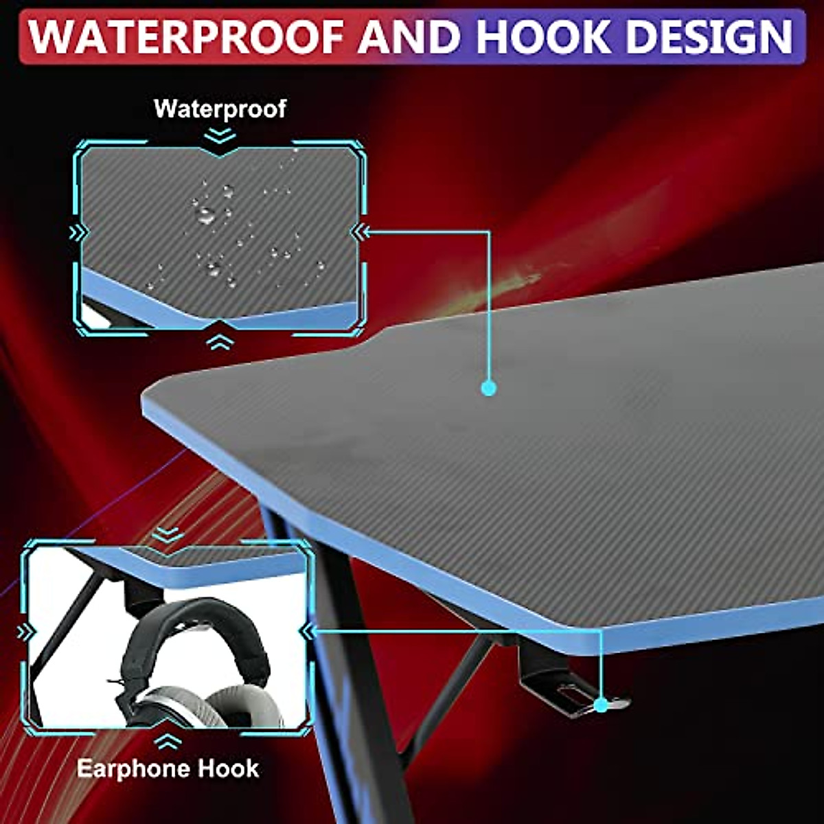 Yewuli 39.4'' Gaming Desk Computer Desk Gaming Table Z Shaped Gaming Workstation Pc Gamer Desk Small Computer Desk Adjustable Height with Headphone Hook, Blue