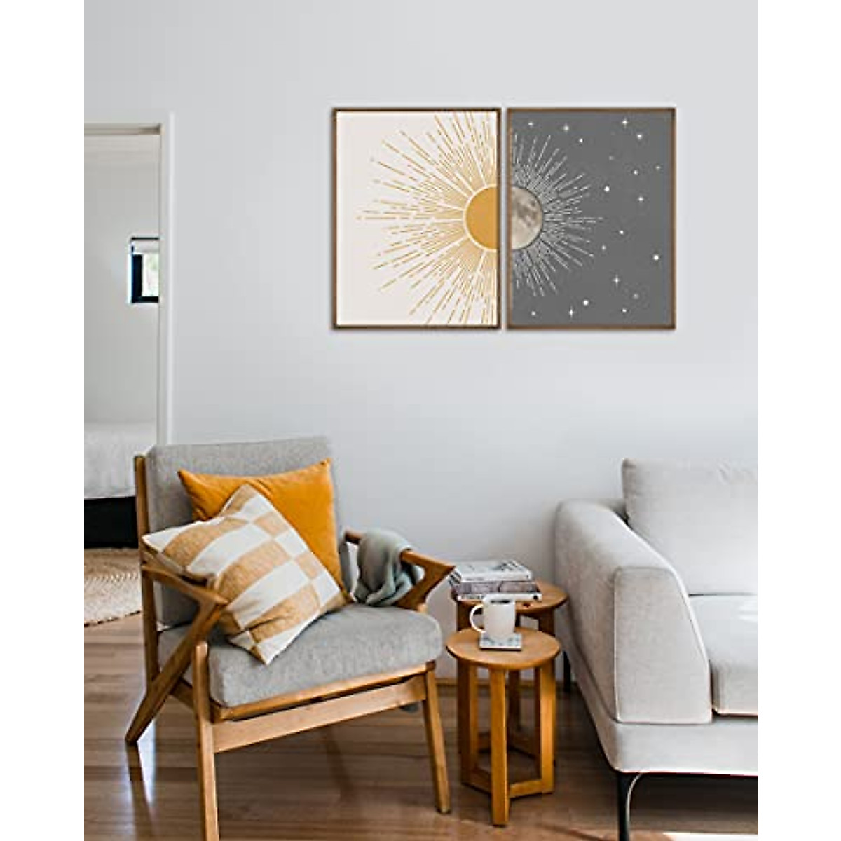 Sun Moon Boho Wall Decor, 2 Set 12x16 inch Celestial Posters, Mid Century Modern Prints for Wall Art, Wall Decor for Bedroom