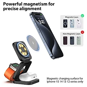 KU XIU Foldable 3 in 1 Charging Station for Apple, Fast Magnetic Wireless Charger Compatible with iPhone 15 14 13 12 Pro/Max/Plus, 5W for Apple Watch 9/8/7/6/5/4/3/2/SE/Ultra 2, AirPods 3/2/Pro(Black)