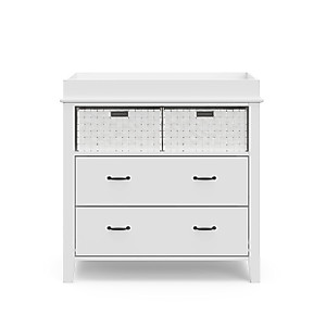 Storkcraft Forrest 2 Drawer Changing Table Chest with Baskets, Attached Changing Topper Fits Standard Size Changing Pad, 2 Drawers and 2 Open Shelves, White