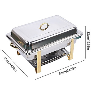 9.5QT Chafing Dish Stainless Steel Chafer Complete Set, Rectangular Chafing Dish Buffet Set Catering Warmer Set with Food and Water Trays Lid Folding Frame Stand, Golden Handle