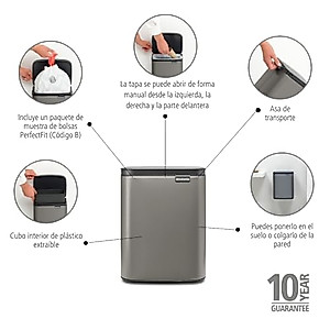 Brabantia Small Bo Trash Can 1.8 Gal - Easy Open, Soft Closing Lid, Hygienic, Space Efficient - for Bathroom, Home Office, Bedroom - Platinum - LWH 9.5 x 8.2 x 12.5