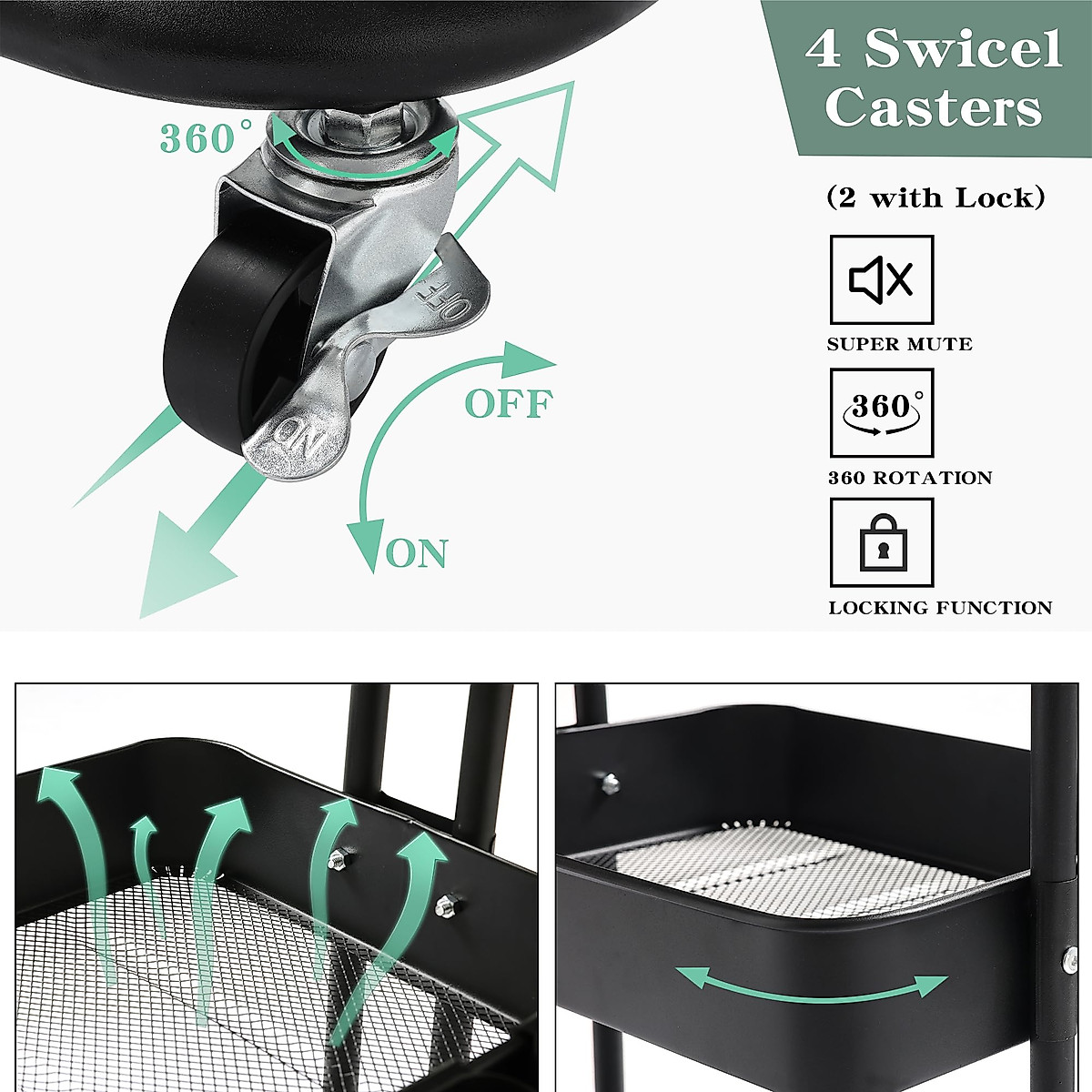 LING RONG 3-Tier Utility Rolling Metal Storage Cart,Heavy Duty Multifunction Cart with Lockable Wheels,Cover,4 Hooks 2 Storage Boxes for Kitchen Living Room Office Bathroom (U-Shaped Armrest, Black)