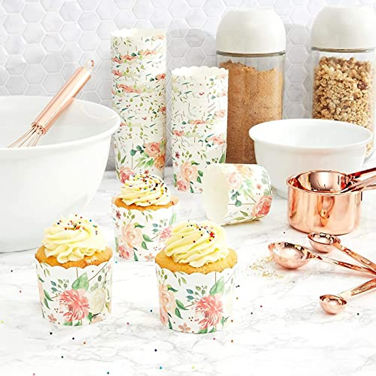 50 Pack Floral Cupcake Wrappers for Wedding, Watercolor Flower Paper Baking Cups and Muffin Liners for Tea Party (2.25 x 2.75 In)