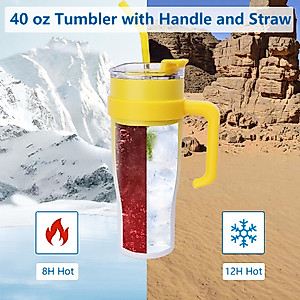 Beatcreat 40 oz Tumbler with Handle and Straw Lid,Insulated Double Wall Stainless Steel Travel Coffee Mug,Cup Holder Friendly(Yellow and white)
