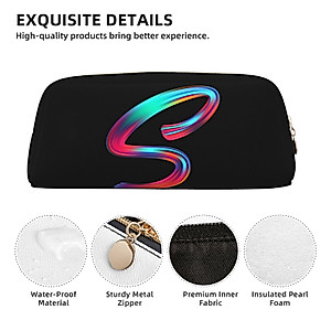 Cute Initial Pencil Case for Kids Simple Leather Pencil Pouch for Boys Girls Letter Design Pencil Box Pen Bag Pencil Pouch Office Stationery Organizer, Rainbow Letter S