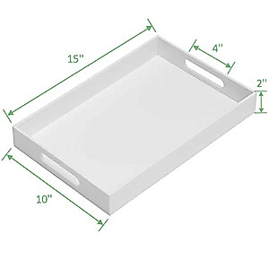 KEVLANG Glossy White Sturdy Acrylic Serving Tray with Handles-10x15Inch-Serving Coffee Appetizer Breakfast Butler-Kitchen Countertop-Makeup Drawer Organizer-Vanity Table Tray-Ottoman Tray