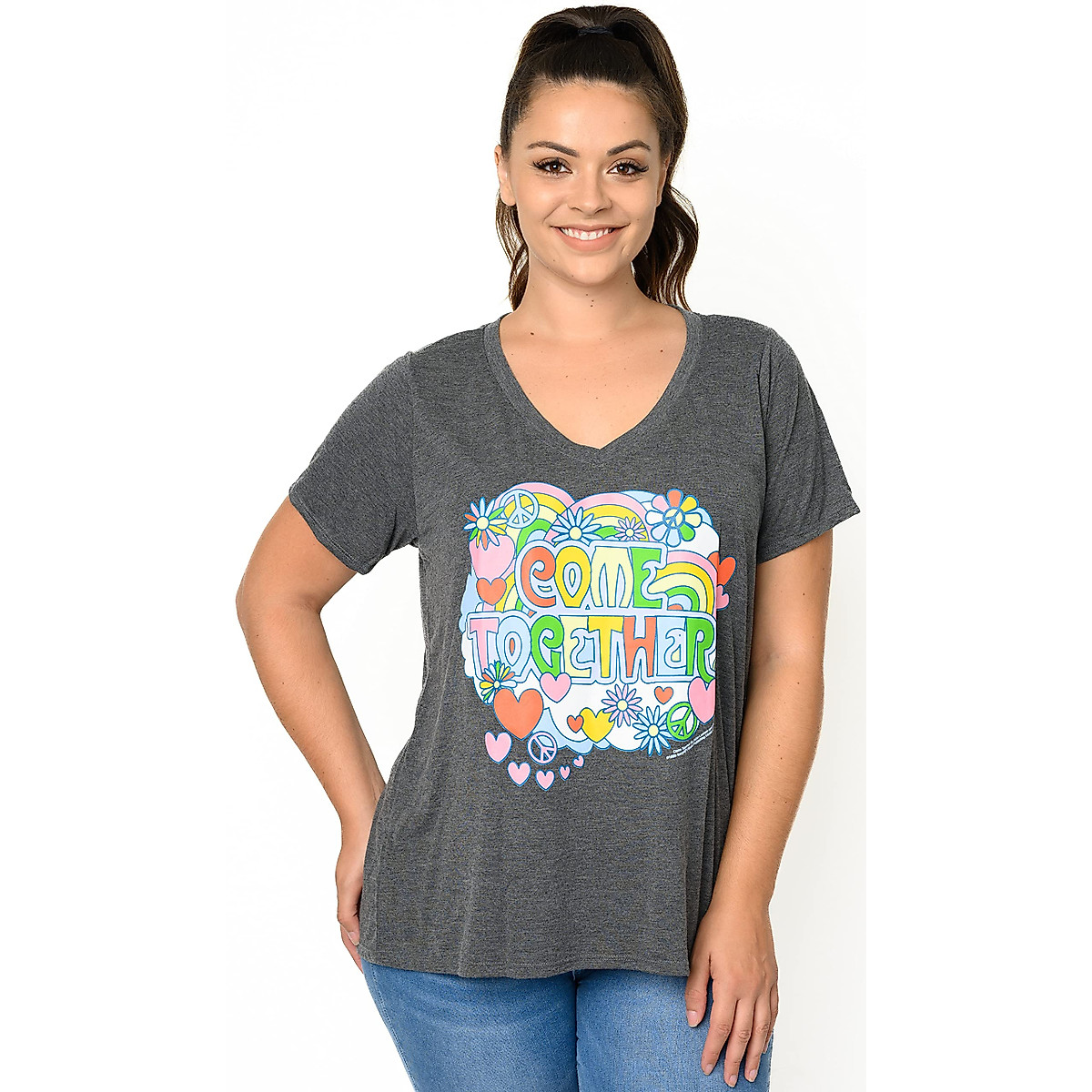 Beatles Plus Size Womens T-Shirt V-Neck Come Together Vintage Print (Charcoal, 4X)