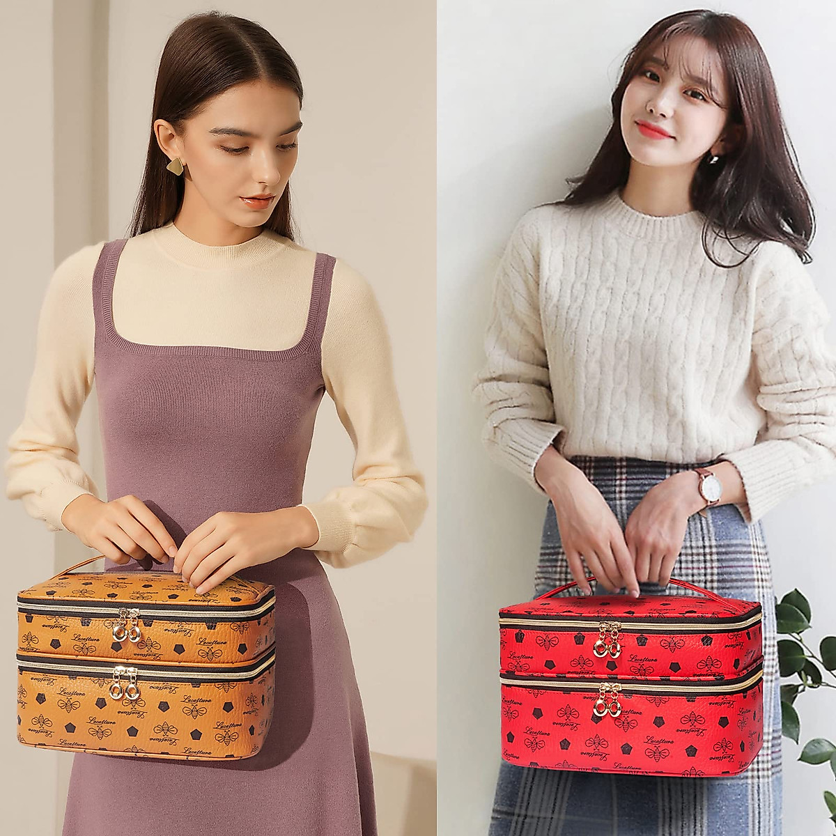 LACATTURA Double Layer Makeup Bag for Women, Leather Travel Toiletry Bag, Large Cosmetic Case with Adjustable Divider, Portable Make Up Organizer, Brush Holder, Beauty Storage Bags for Girls, Brown