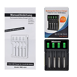 Universal 18650 Battery Charger 4 Bay, Hisewen Smart LCD Display Charger for 3.7V Li-ion Rechargeable Batteries 18650 18350 17670 16340 RCR123 14500 LiFePO4 INR ICR Ni-MH Ni-CD AA AAA