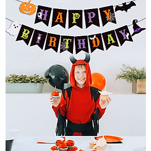 JKQ Colorful Halloween Happy Birthday Banner and Halloween Pattern Pennant Banner Halloween Birthday Paper Bunting Banner with Pumpkin Ghost Halloween Boys Girls Birthday Baby Shower Party Decorations
