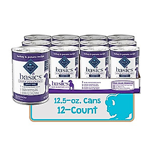 Blue Buffalo Basics Skin & Stomach Care, Grain Free Natural Adult Wet Dog Food, Turkey 12.5-oz cans (Pack of 12)