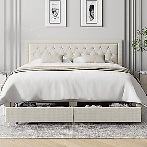 Keyluv King Bed Frame with 2 Storage Drawers and Adjustable Headboard, High-End Fabric Platform Bed with Button Tufted, Wooden Slats No Box Spring Needed/Easy Assembly, Beige
