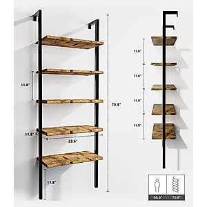DKLGG 5-Tier Book Shelf Rack Against The Wall, Tall Ladder Shelf Wooden Bookcase Metal Frame Storage Plant and Flower, Single Standing Bookshelf Ladder ​for Living Room, Bedroom, Balcony, Home Office