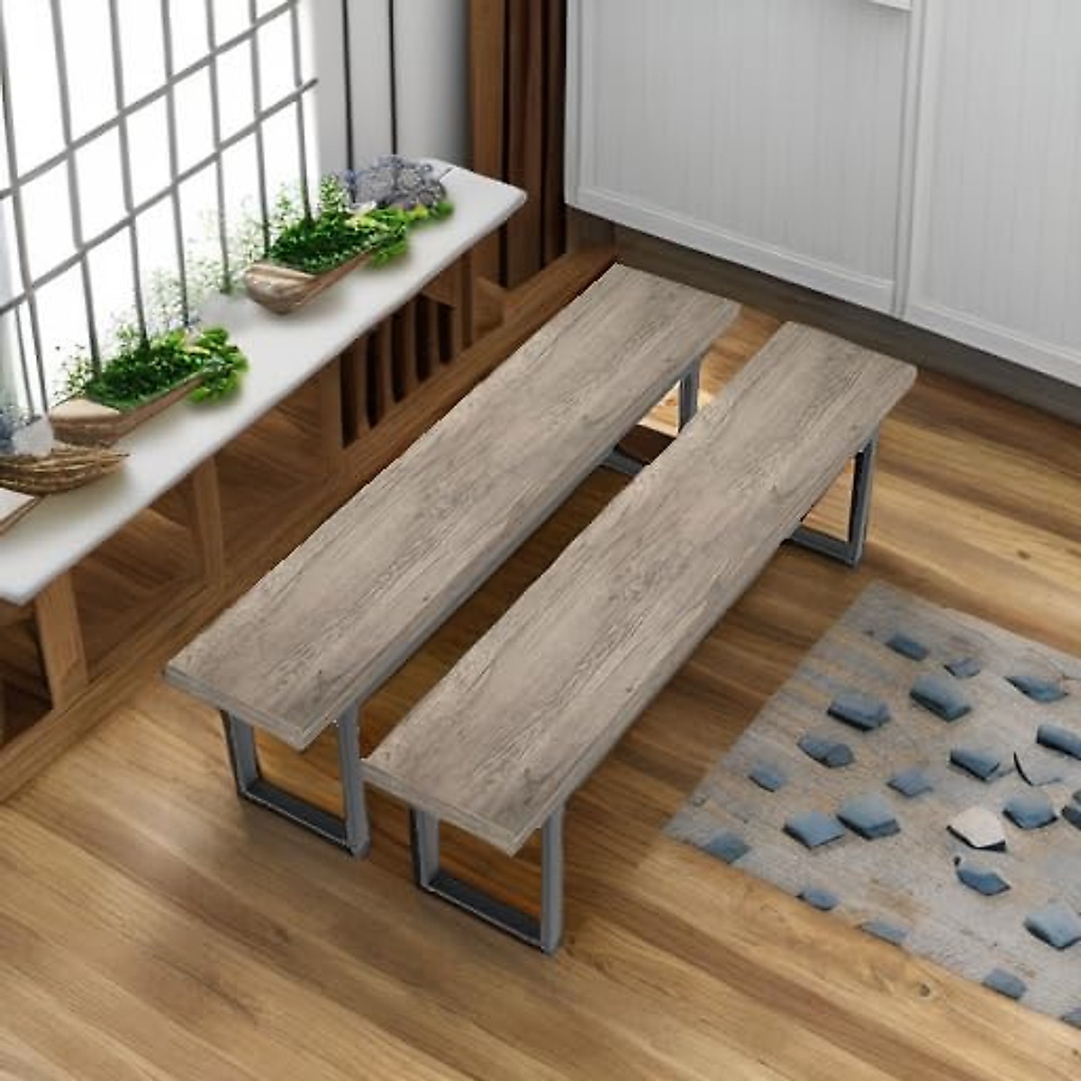 STHOUYN 59” Dining Bench Pair of 2 for 6-8 Person, Farmhouse Indoor Kitchen Table Benches, Bed Bench, Industrial Shoe Bench, Entryway Benches (Grey 2pcs)