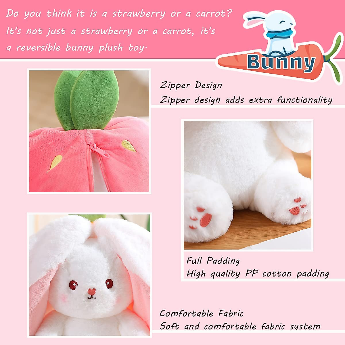 OSQI Reversible Bunny Stuffed Animal - Carrot Strawberry Plush Doll with Zipper - Soft and Adorable Rabbit Toy Pillow for Kids and Adults Easter Gift and Decoration