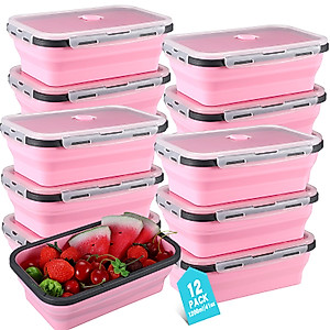 Uiifan Pink Collapsible Food Storage Containers Set Stackable Collapsible Bowls with Lids Airtight and Vent for RV Organization Lunch Meal Microwave Dishwasher Freezer Safe(1200 ML, 12 Pcs)