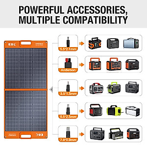 EBL Solar Apollo 100W Portable Solar Panel (Upgraded) for 240/300/500/1000/1500/2000 Power Station, with Adjustable Kickstand and Parallel Cable, Waterproof IP65 for Outdoor Camping Hiking RV Trip