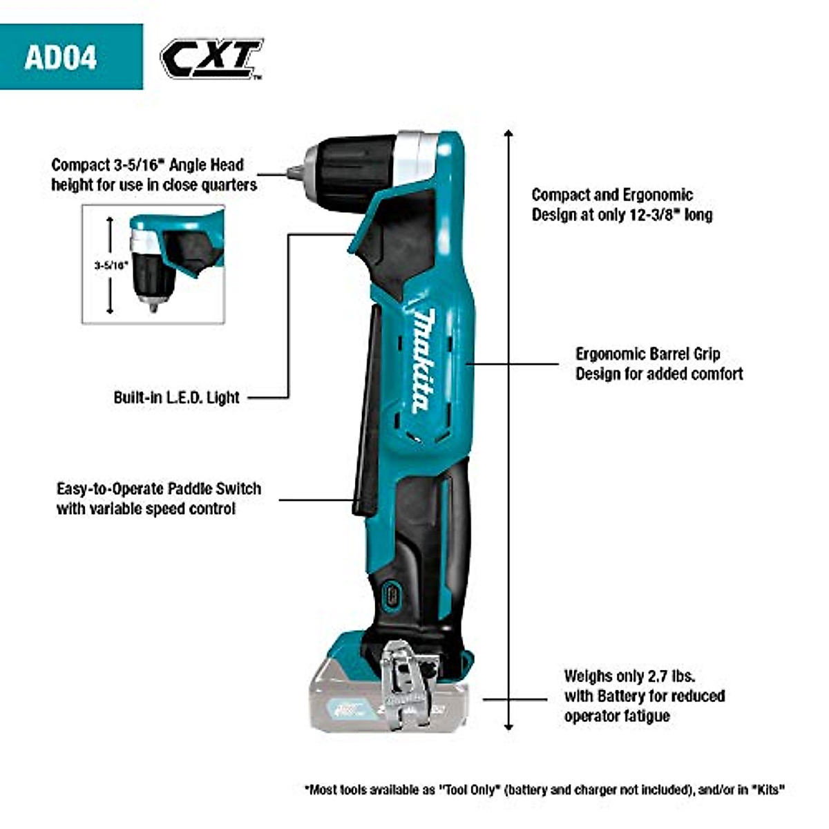 Makita AD04R1 12V max CXT Right Angle Drill Kit, 3/8"
