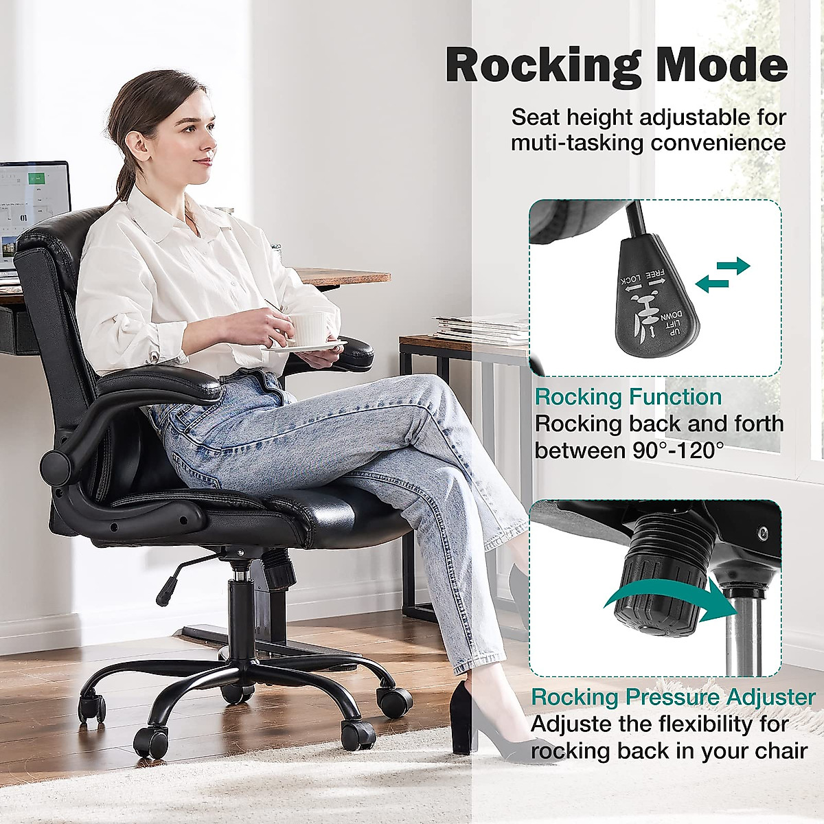 OLIXIS Ergonomic Executive Office Chair - Mid Back Height Adjustable with Flip-up Armrest, Computer Desk with Wheels, PU Leather with Lumbar Support, Black