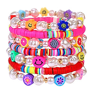 XOCARTIGE Beaded Stretch Bracelets for Women Colorful Clay Fruit Happy Face Bead Bracelet Rainbow Heishi Bracelet Set Stackable Pearl Y2K Bracelets Summer Beach Accessory (7PCS Happy Face Bracelet)
