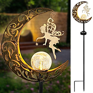 Solar Garden Lights Outdoor Decor, Moon Fairy Crackle Glass Globe with Angel Yard Pathway Stake Lights Solar Powered Waterproof for Walkway Lawn Patio Courtyard Garden Decoration Mothers Day Gifts