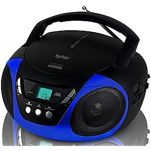 Tyler Portable CD Player Boombox Radio AM/FM Top Loading AC & Battery Compatible Aux Input & 3.5mm Headphone Jack Small Lightweight Compact Boom Box Home Stereo Speaker Carrying Handle Kids Room Blue