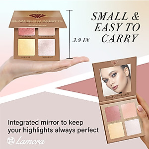 Highlighter Palette Highlighter Makeup Iluminador - Glow Bronzer Powder Makeup Highlighter Kit With Mirror - 4 Highly Pigmented Face Highlighter Shimmer Colors - Vegan, Cruelty Free & Hypoallergenic