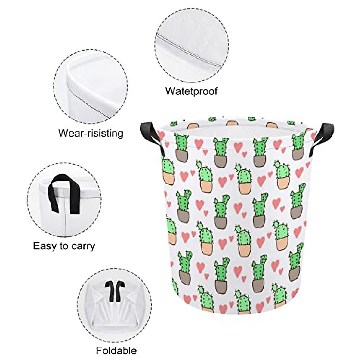 Cartoon Love Cactus Pattern Large Laundry Basket Hamper Bag Washing with Handles for College Dorm Portable