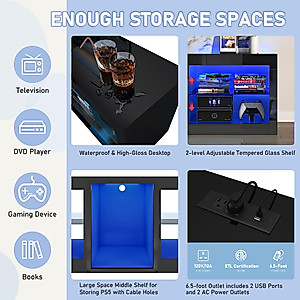 Vinctik 6&Fox High Gloss LED TV Stands w/Power Outlet,60,000-Colors Lighting for 55 60 65inch TV,Modern Black LED Entertainment Center w/Adjustable Glass Shelves for Living Room Gameroom Bedroom