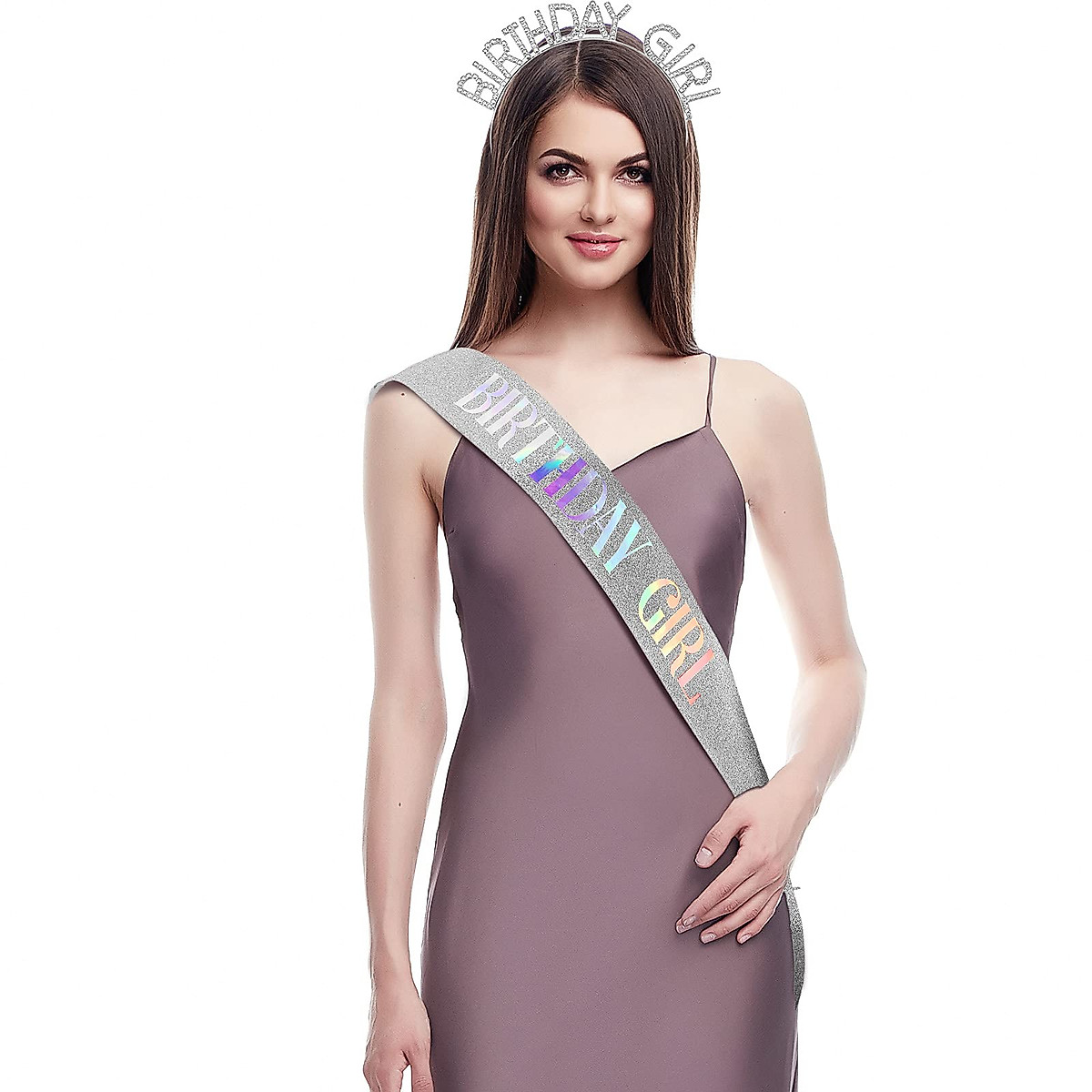 WILLBOND Birthday Tiara and Sash Kit Girls Rhinestone Happy Birthday Crown Headband Cake Toppers Party Favors