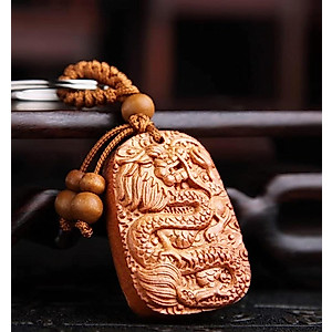 Betterdecor Feng shui Chinese Zodiac Horoscope Birth Animal Key Ring Key Chain for success and wealth luck (Wood Carved Dragon)