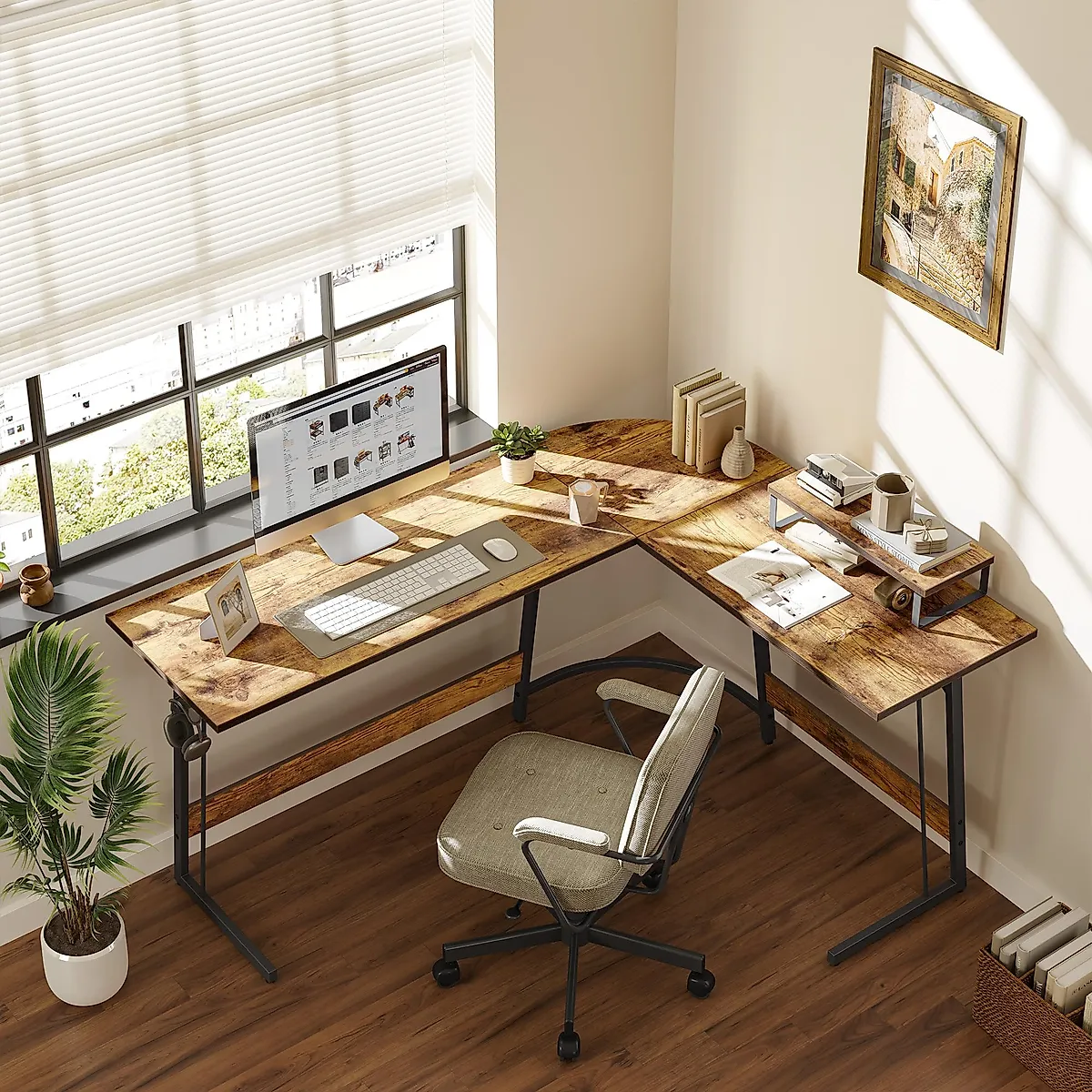 Cubiker L Shaped Desk, Computer Corner Desk, Gaming Desk with Monitor Stand, Home Office Study Writing Workstation, Space-Saving（47 Inch Rustic Brown）