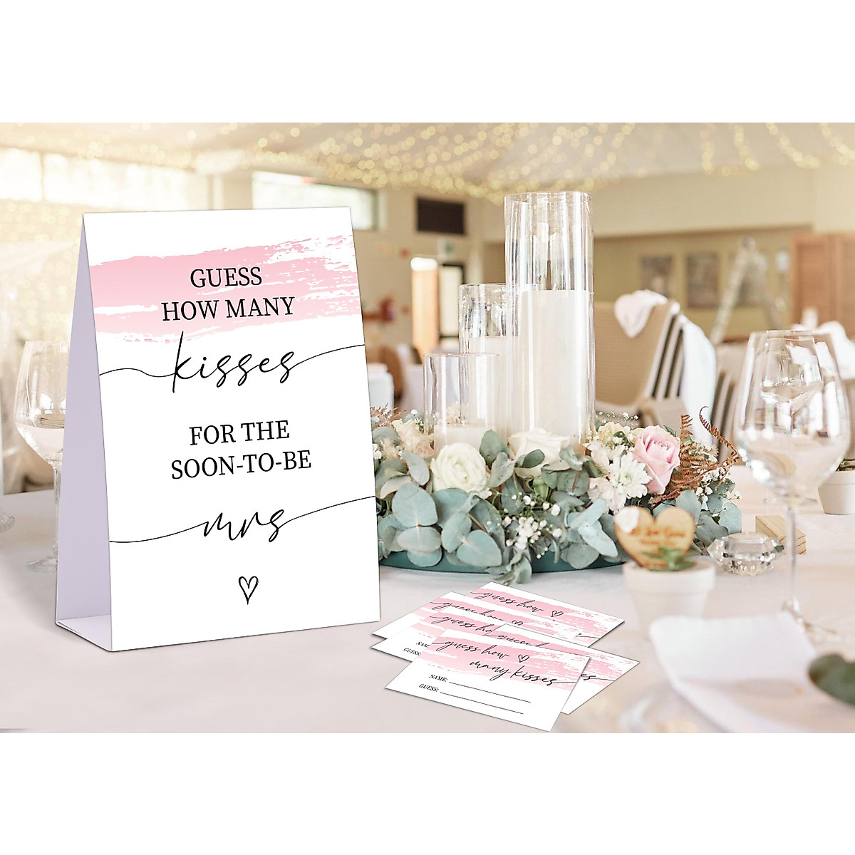 Pink Swash Bridal Shower Game, Guess How Many Kisses For The Soon To Be Mrs, Pack of 1 Sign and 50 Guessing Cards, Modern Bridal Shower Decorations, Wedding Shower Supplies - 05