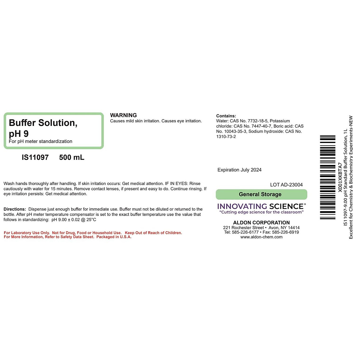 ALDON Innovating Science 9.00 pH Standard Buffer Solution, 500mL – Excellent for Chemistry & Biochemistry Experiments - The Curated Chemical Collection