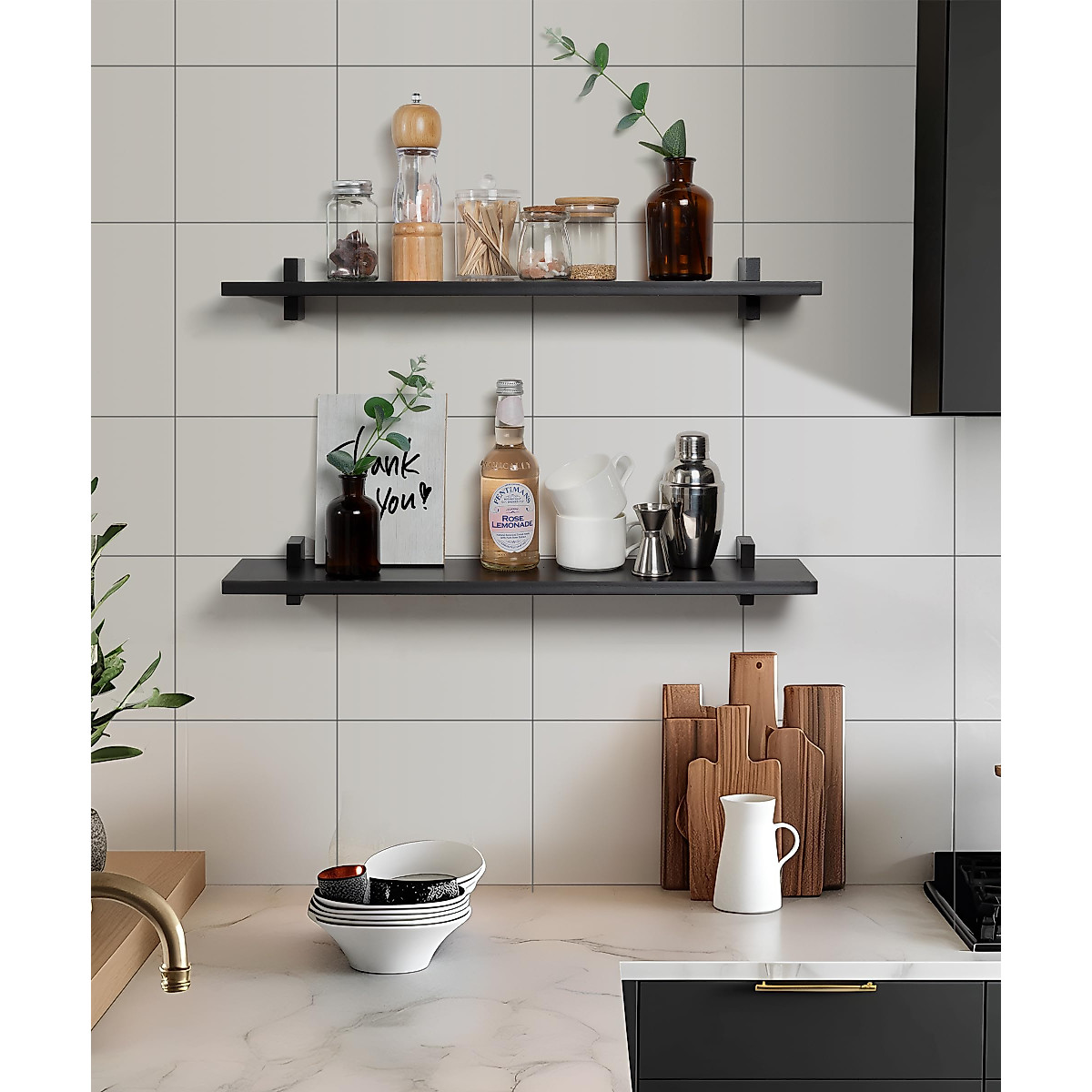 Gronda Black Floating Shelves for Wall 24 Inch Wood Floating Shelves Wall Mounted Wooden Shelf Set of 2, Modern Wall Decor Organizer for Bedroom, Kitchen, Office, Living Room