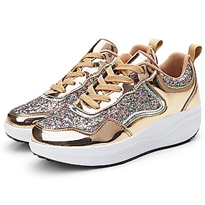 DADAWEN Women's Glitter Platform Wedge Athletic Tennis Walking Shoes Sparkly Sequin Lightweight Non Slip Casual Comfort Fashion Sneakers Gold US Size 8