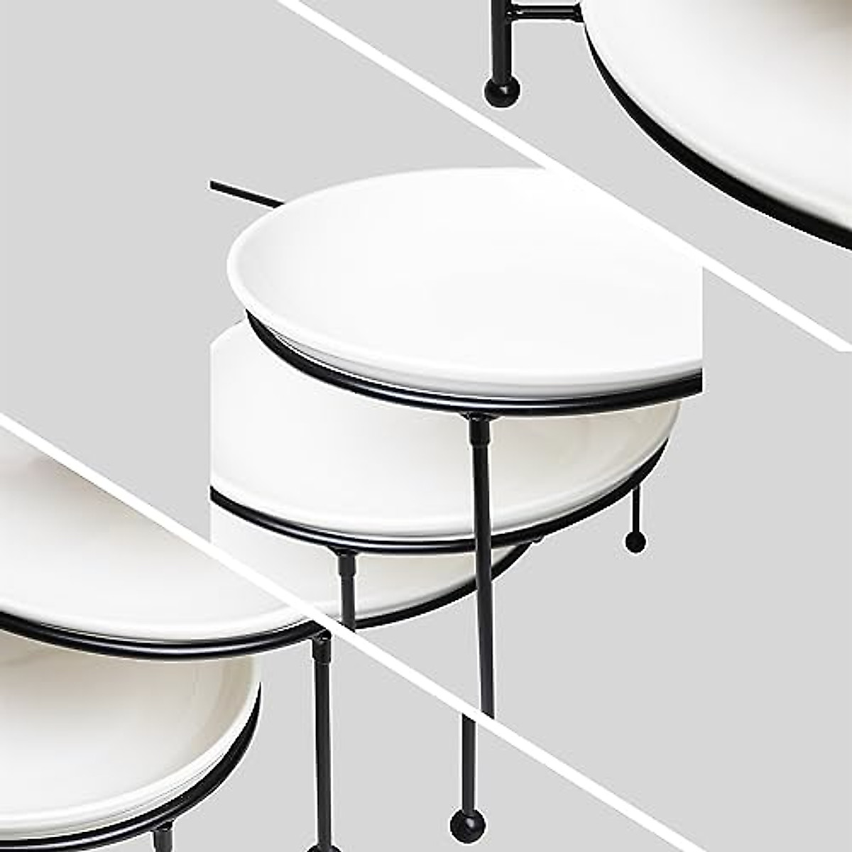 HPC Decor 3 Tiered Serving Stand w/White Porcelain Plates- Foldable Swivel Food Display Stand for Party Buffet-Dessert Display Server- 10in Tier Serving Trays with Black Metal Stand for Entertaining