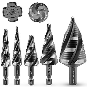 MABLEVI 5 Pcs Four Spiral Flute Step Drill Bit Set, 1/8"-1-3/8" HSS Unibit Step Drill Bit, 1/4" and 3/8" Shank Step Bit for Metal, Stainless Steel, Aluminum, Wood, Plastic