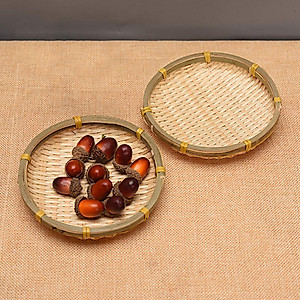 Hemoton Bamboo Woven Round Basket Tray Rustic Wood Decorative Serving Tray for Breakfast Drinks Snack Coffee Table Wall Hanging Home Decoration 18cm