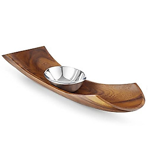 Nambe - Serveware Collection - Canu Chip N Dip Server with Dip Bowl - Measures at 22" x 5.5" - Made with Acacia Wood and Nambe Alloy - Designed by Scott Henderson