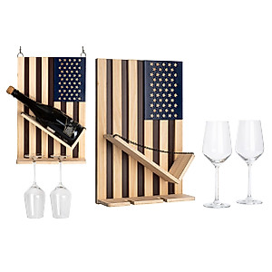 The Wine Savant American Flag Wall Mounted Wine Rack, Beautiful Wine & Bottle Holder & 2 Glasses Patriotic Home Decor - Storage Display Holder - Patriots, Veterans, Military 16" H - Gift Idea Gifts