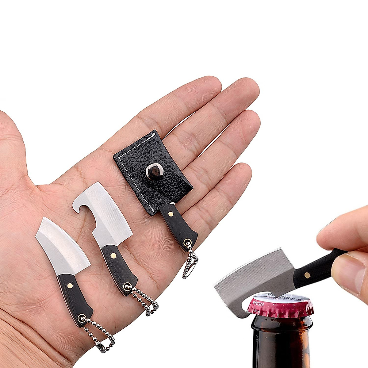 Woonsoon Multi-function Bottle Opener Mini Pocket Knife with Case, Portable Handmade Men's Novelty Keychain Outdoor Utility Camping Rescue Tools,Pack of 2