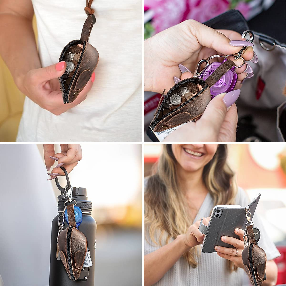 Rustic Leather Mouse Coin Purse Change Pouch Holder Cute Design YKK Zipper Handmade By Nabob Leather (Rustic Brown)