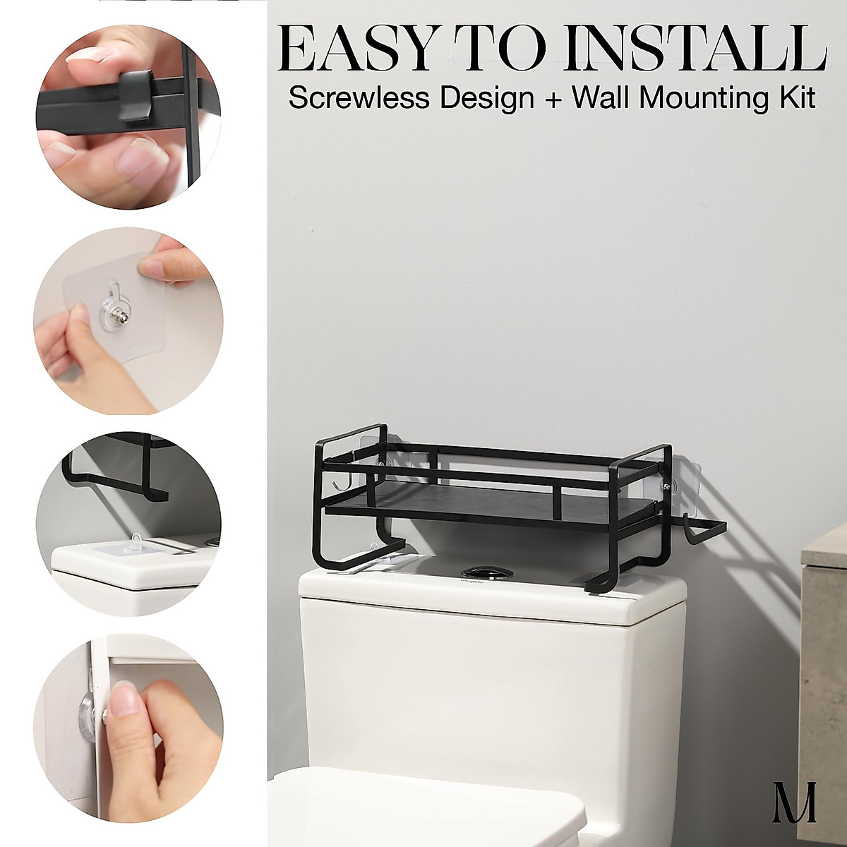 Marmolux Matte Black Single Shelf Over Toilet Storage - Screwless Design Space Saving Bathroom Toilet Organizer for Over The Toilet Shelf - Matte Black with Black Marble Shelf