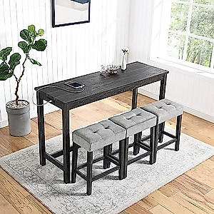 Merax 4 Piece Bar Table Set with Power Outlet,Dining Bar Table and Chairs Set,Industrial Breakfast Table with 3 Padded Stools,for Living Room, Dining Room, Game Room(Black+ Gray)