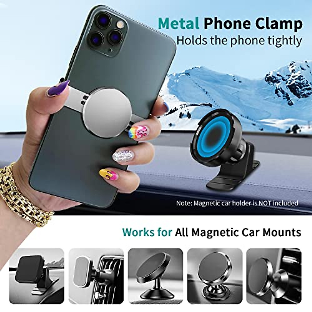 Luanke Metal Phone Clamp Magnetic Mount [Clip and Remove at Anytime] All Magnet Car Holder cell phone magnetic plate Compatible iPhone 13 Pro Max, Samsung, and More (Silver)