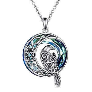 ONEFINITY Raven Necklace Sterling Silver Viking Celtic Crow Raven Crystal Pendant Crescent Moon Pentagram Amulet Wiccan Jewelry Christmas Gifts for Women Men